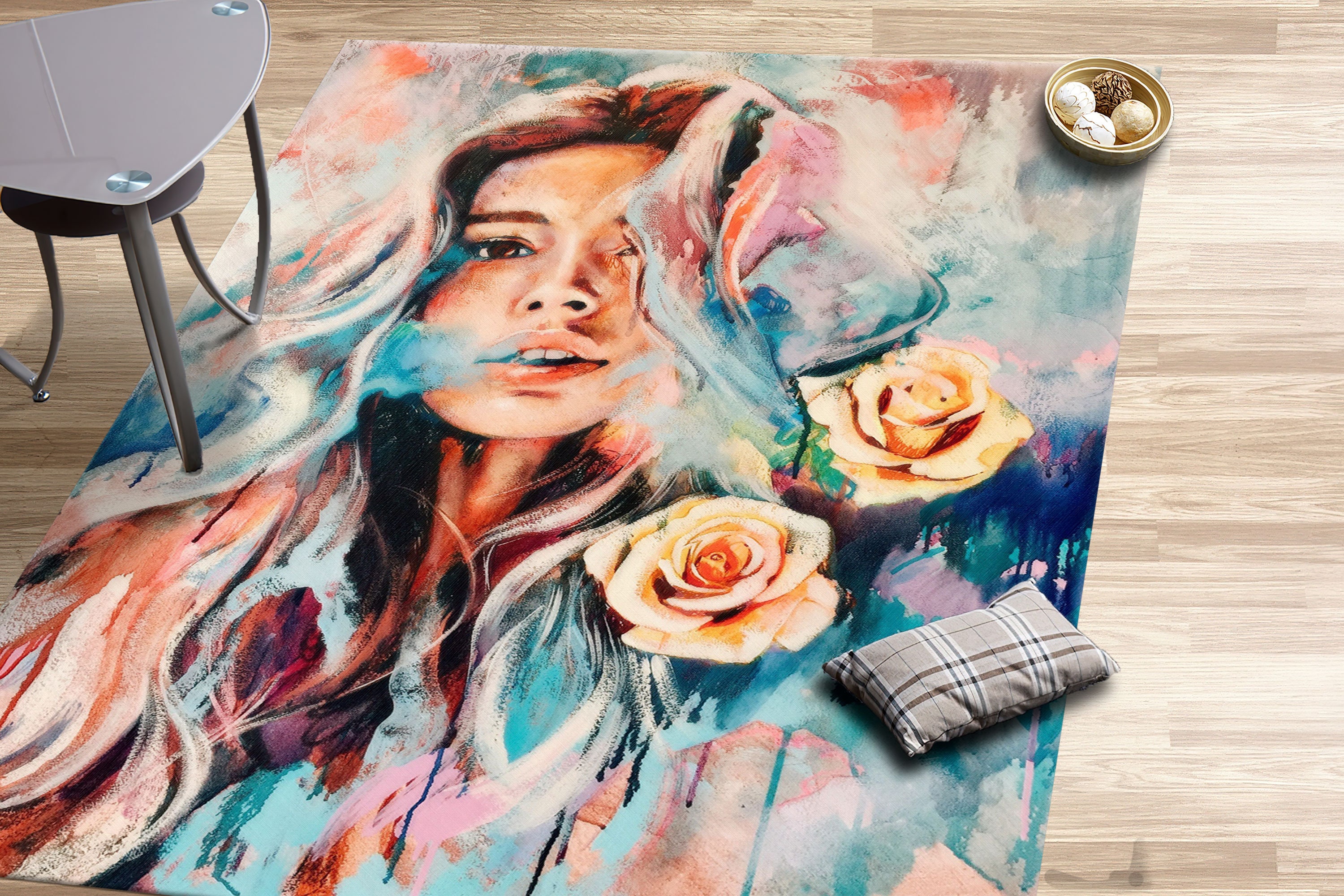 Beautiful Girl With Two Roses Rugs, Colorful Woman Rug, Rose Decor Rug ...
