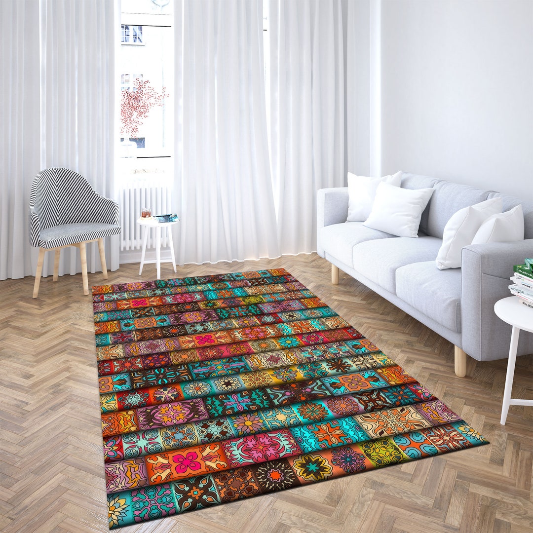 Colorful Mosaic Tile Rug | Bohemian Pattern Printed Carpet | Machine ...