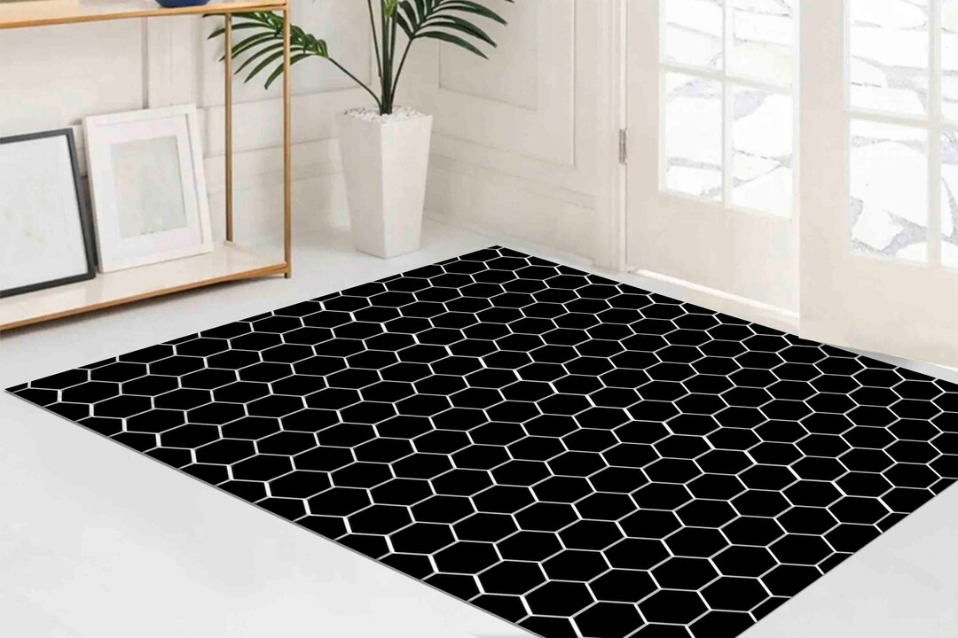 Bee Honeycomb Pattern Rug, Trendy Rug, Black Rugs, Modern Rug, Thin Rug ...