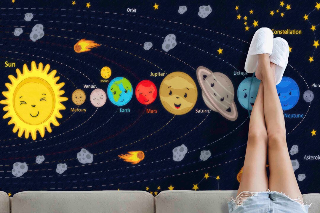 Solar System Kids Rug | Educational Galaxy Print Carpet | Machine ...