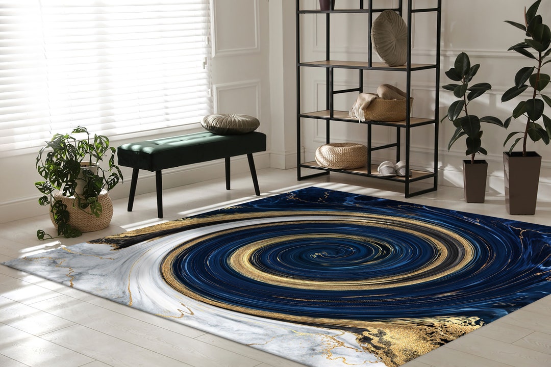 Navy Blue Marble Rug, Shimmery Rug, Gold Marble Rugs, Modern Decor Rug ...