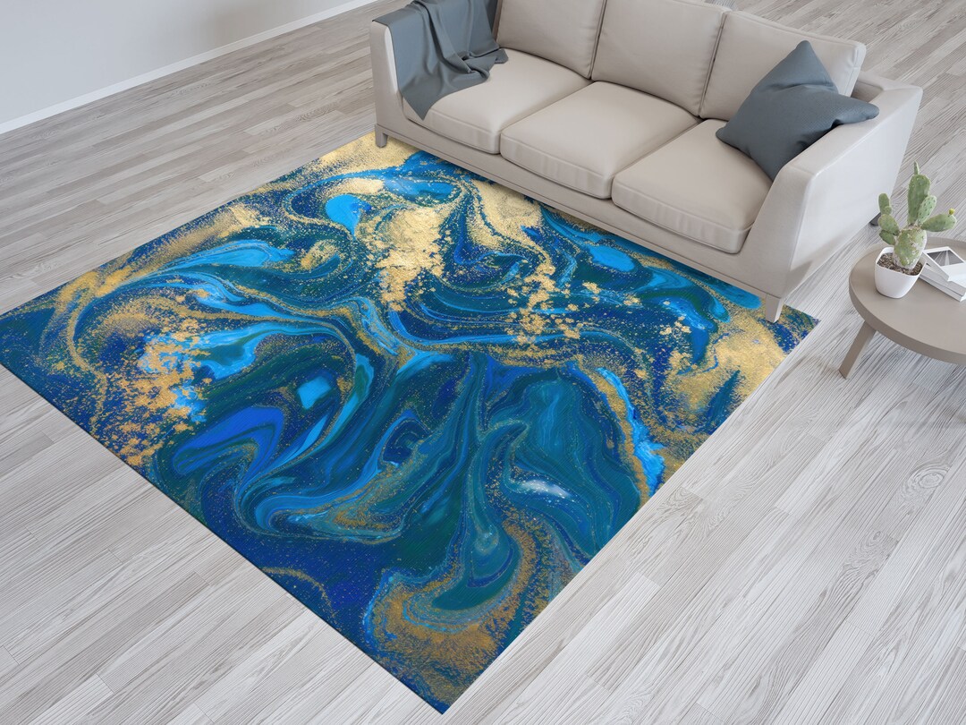 Blue and Gold Rug, Shimmery Rug, Gold Rugs, Alcohol Ink Rugs, Bathroom ...
