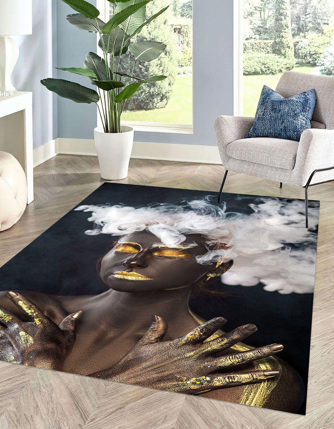 African Woman With Smoke Rug, Gold Make up Rug, Ethnic Woman Rug, Smoke ...