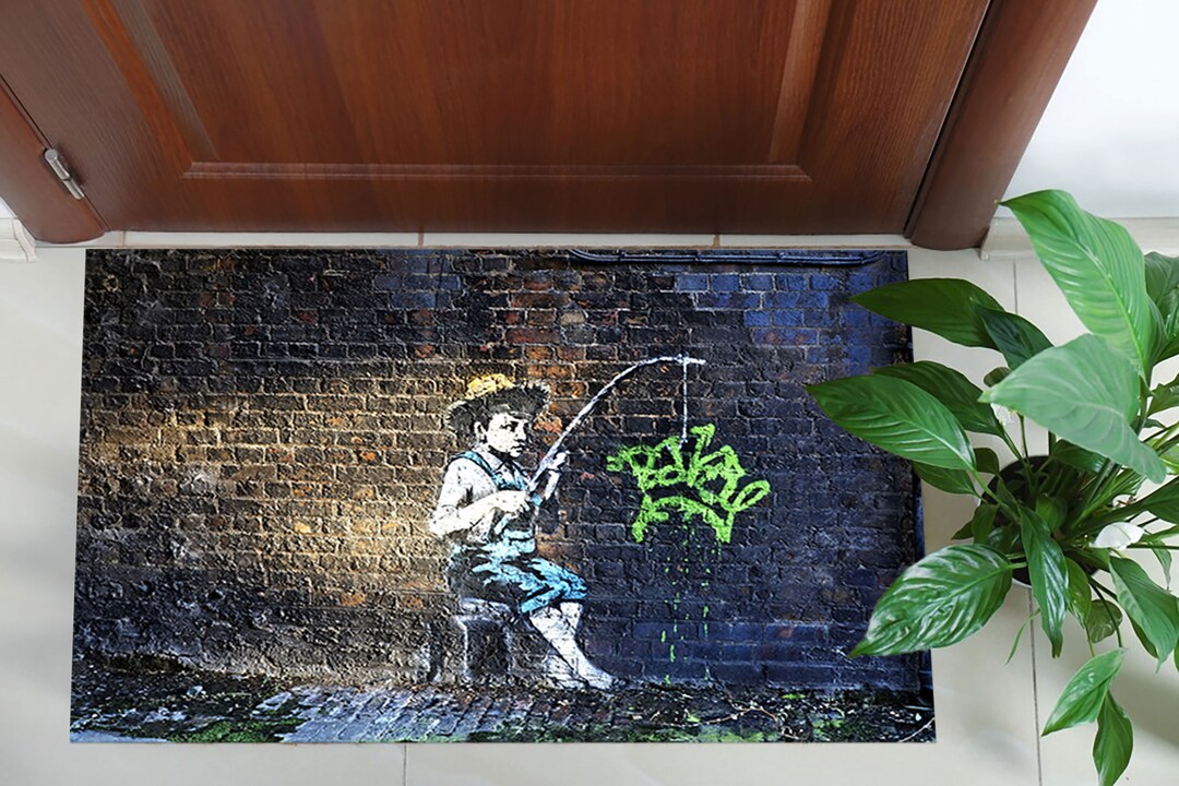 Banksy Fishing Boy Rug, Boy Graffti Rug, Fishing Banksy Rugs, Street ...