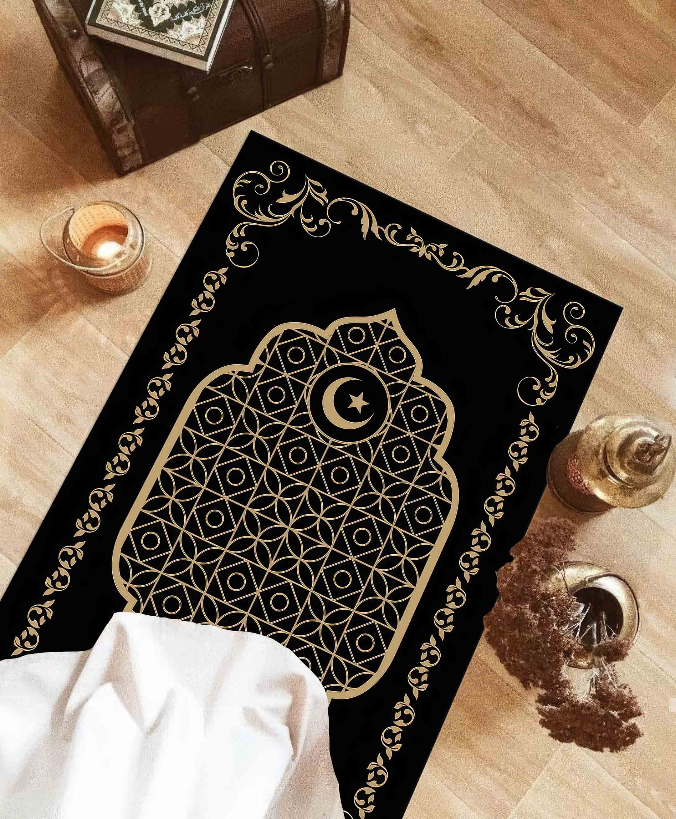 Gold Prayer Rug, Black Prayer Rug, Religious Rug, Moon Star Rug ...