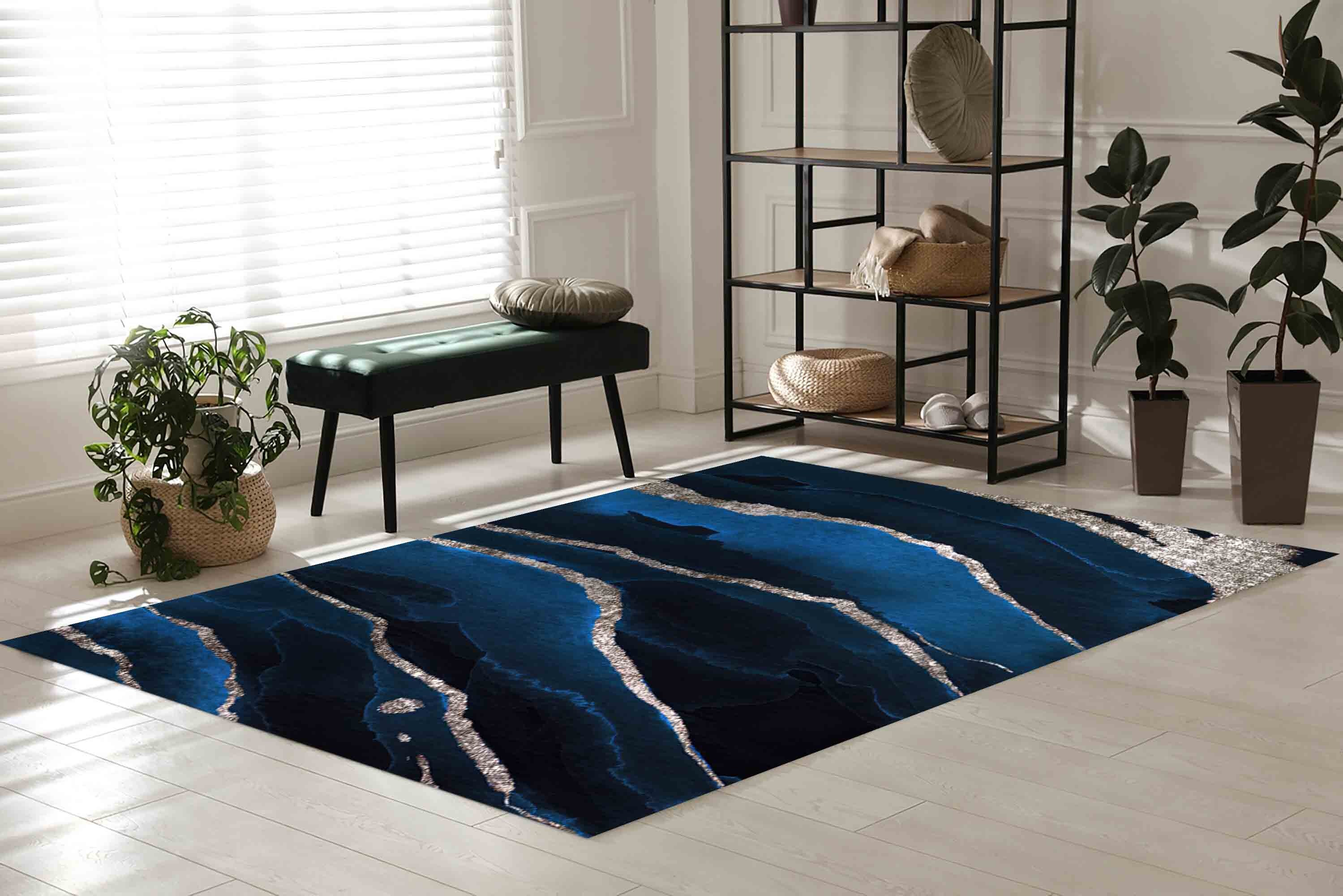 Navy Blue Marble Rugs, Abstract Rug, Silver Rugs, Modern Rug, Hallway ...