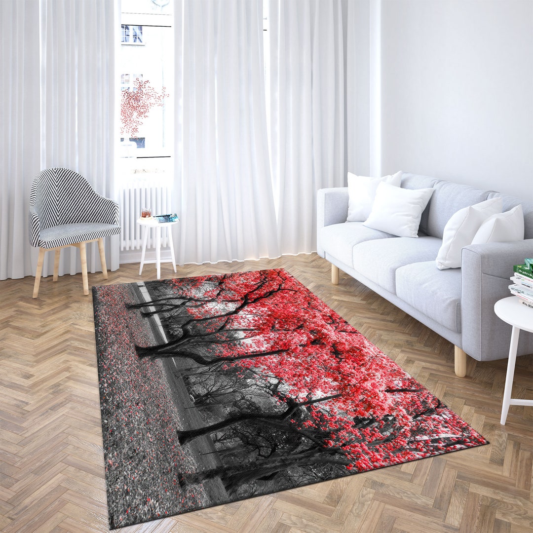 Trees With Red Flowers Rugs, Red Rugs, Nature Scenery Rug, View Rugs ...