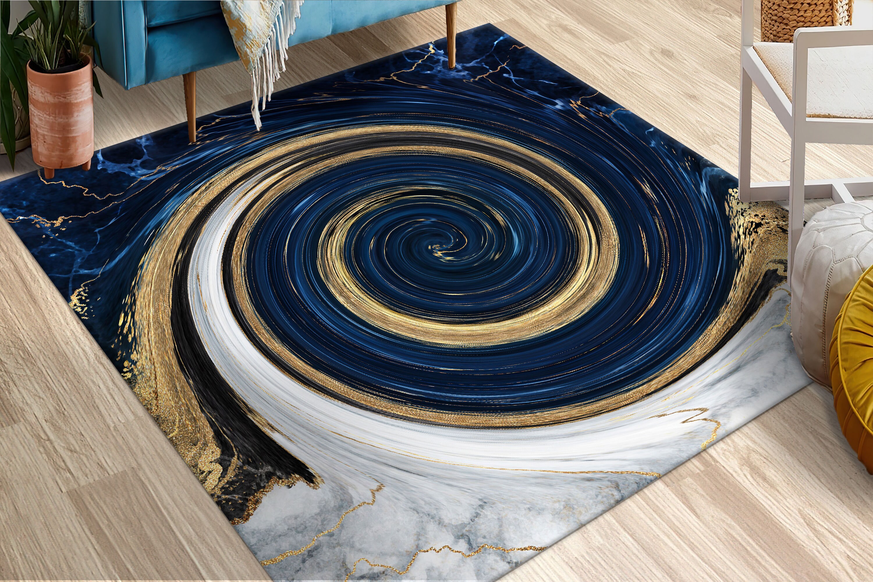 Navy Blue Marble Rug, Shimmery Rug, Gold Marble Rugs, Modern Decor Rug ...