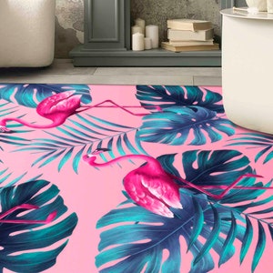 Pink Flamingo Tropical Rug | Summer Palm Leaves Carpet | Machine ...