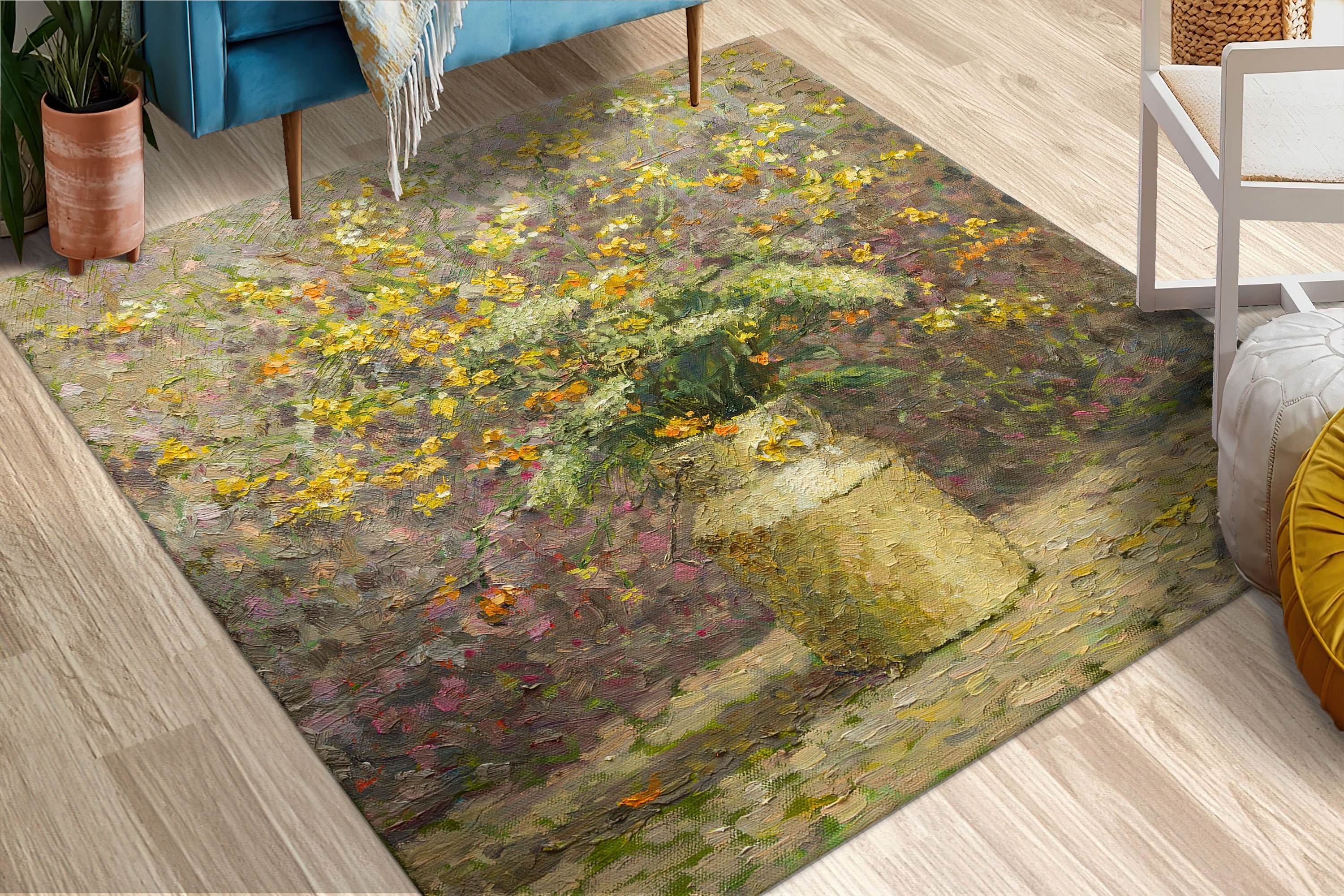 Oil Painting Flowers Rug, Yellow Flowers Rugs, Floral Rugs ...