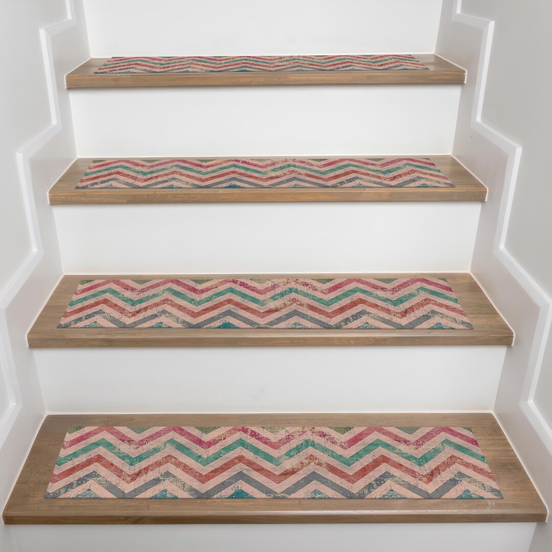 Chevron Stair Tread Rug, Pastel Zigzag Step Mat, Non-slip Washable ...