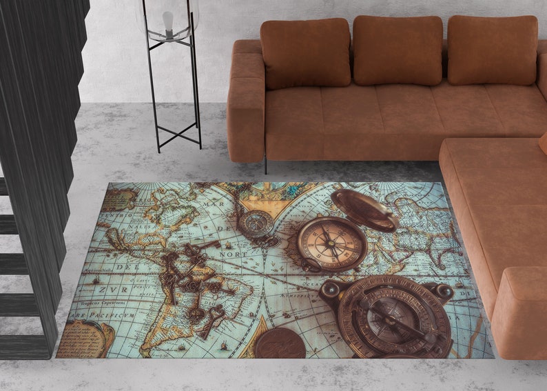 Antique World Map Rugs, Brass Pocket Compass Rugs, Vintage World Map ...