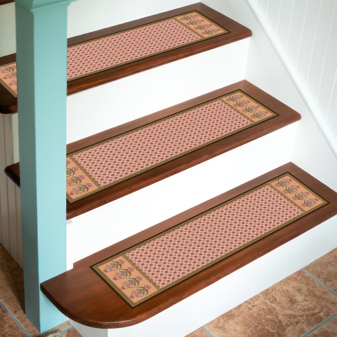 Pink Floral Digital Printed Stair Rug – Non-slip Washable Carpet Runner ...