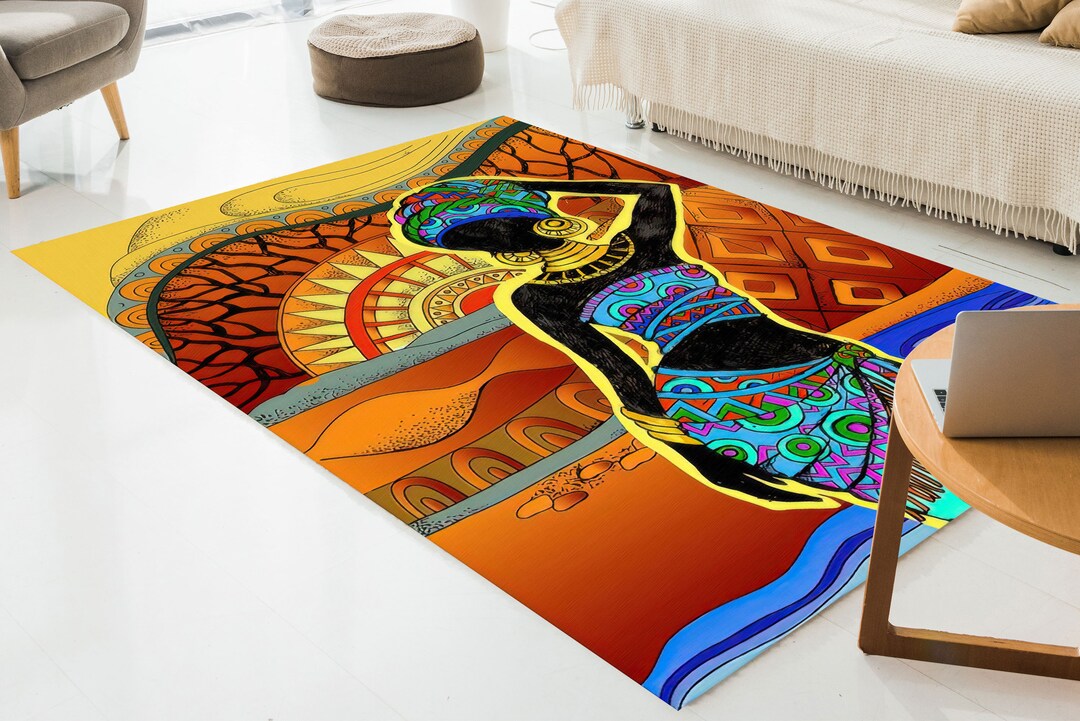 African Woman Painting Rug, Abstract Sun Rugs, Sunset Rug, African Rugs ...
