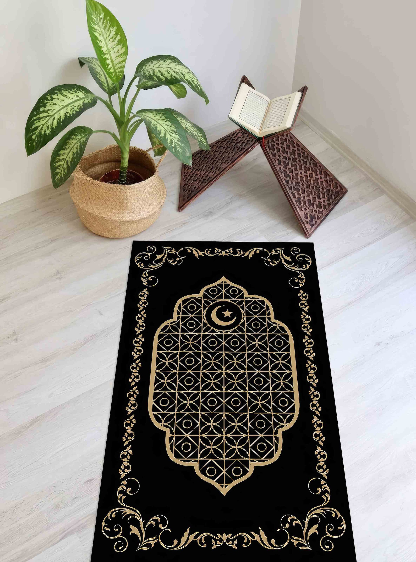 Gold Prayer Rug, Black Prayer Rug, Religious Rug, Moon Star Rug ...