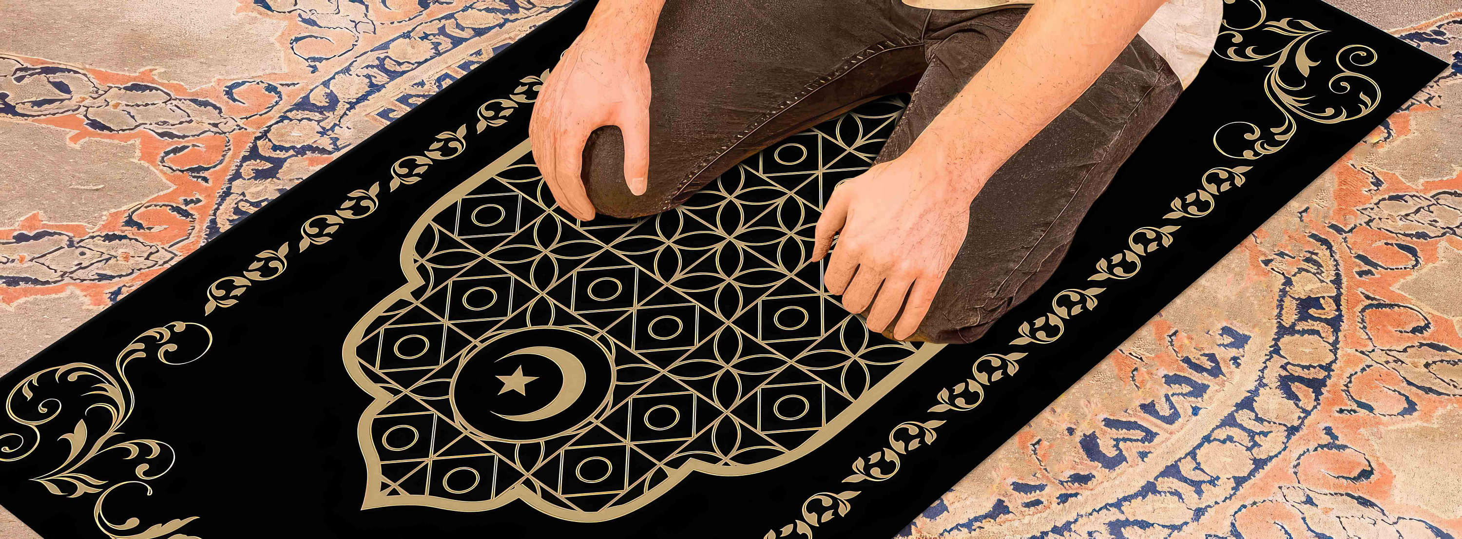 Gold Prayer Rug, Black Prayer Rug, Religious Rug, Moon Star Rug ...