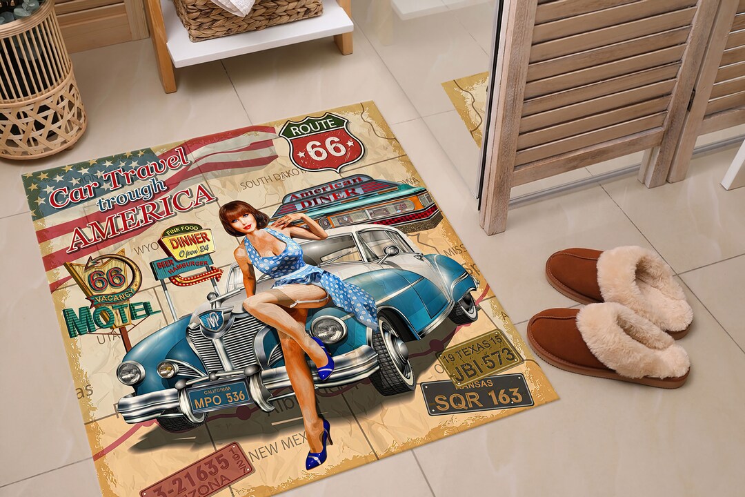 Vintage Tin Car Rug, American Car Rugs, Car With Girl Rugs, Car Rugs ...
