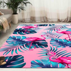 Pink Flamingo Tropical Rug | Summer Palm Leaves Carpet | Machine ...