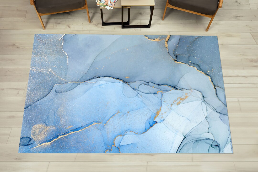 Blue Tones Marble Rug, Blue Rugs, Gold Marble Rugs, Alcohol Ink Rug ...