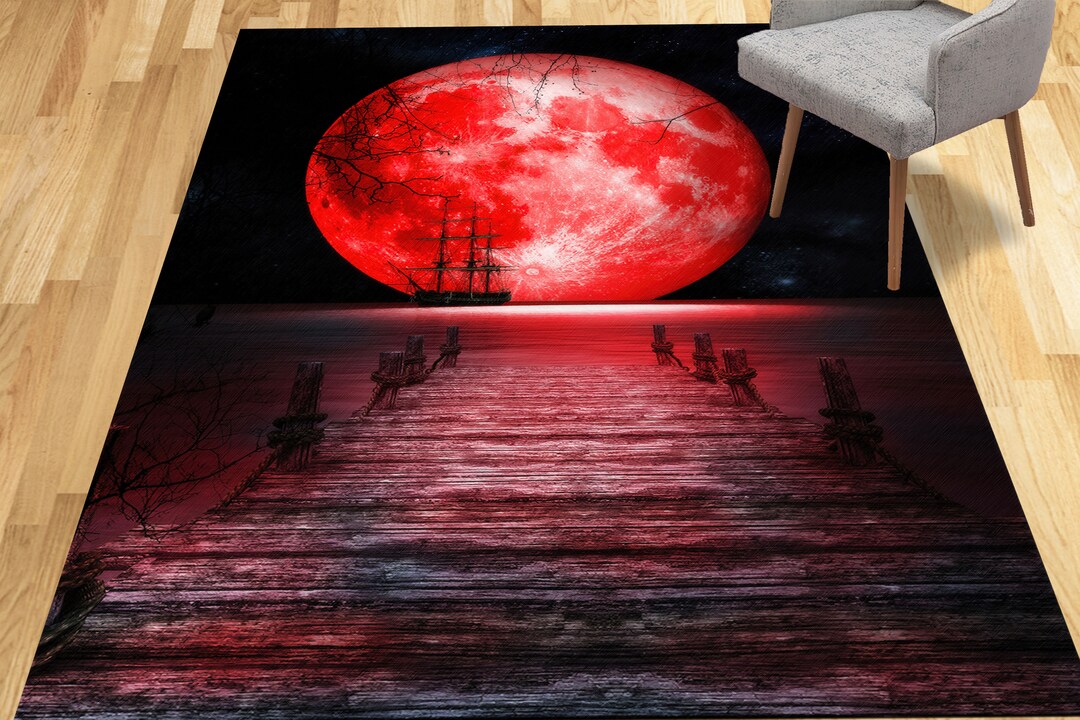 Sea Landscape With Huge Red Moon Rug, Red Moon Rug, Full Moon Rug, View ...