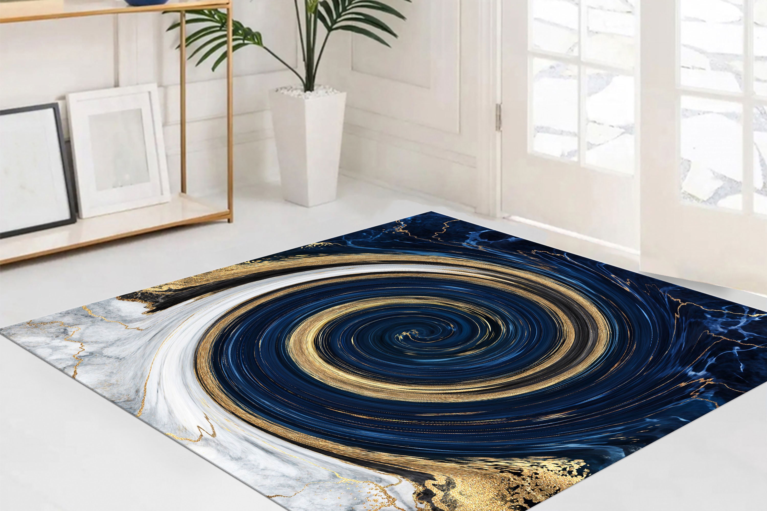 Navy Blue Marble Rug, Shimmery Rug, Gold Marble Rugs, Modern Decor Rug ...