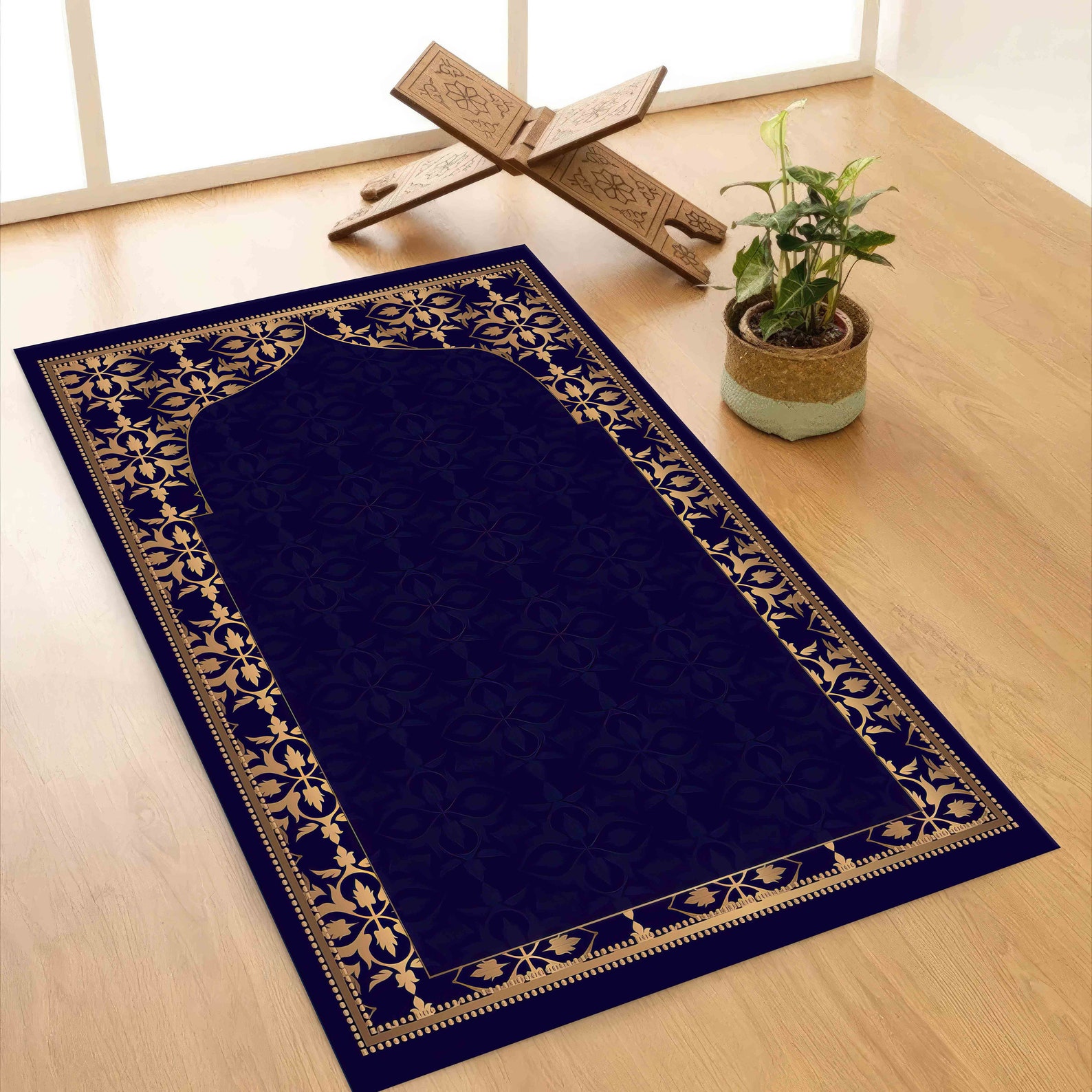 Navy Blue Prayer Rug, Gold Prayer Rug, Spiritual Rug, Personalized Rug ...