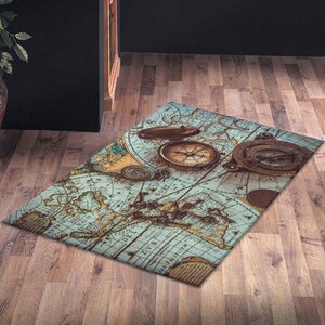 Antique World Map Rugs, Brass Pocket Compass Rugs, Vintage World Map ...