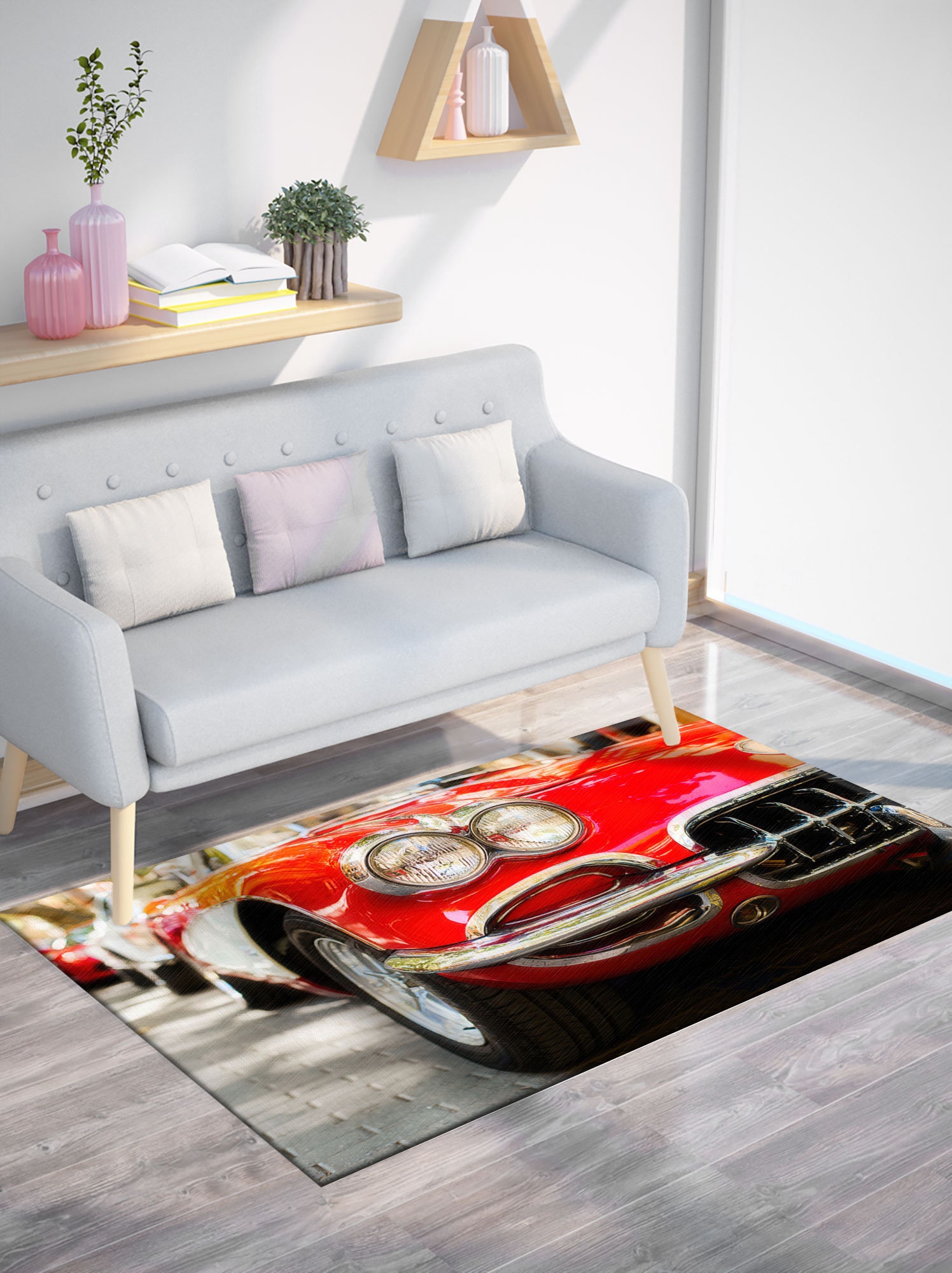 Vintage Car Rugs, Retro Car Rug, Red Car Rugs, Garage Rugs, Decorative ...