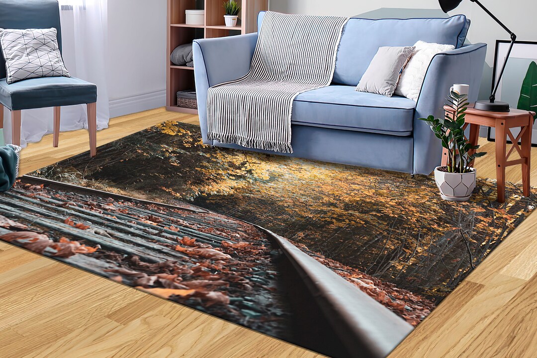 Train Tracks Landscape Rug, Brown Rugs, Autumn Leaves Rug, Landscape ...