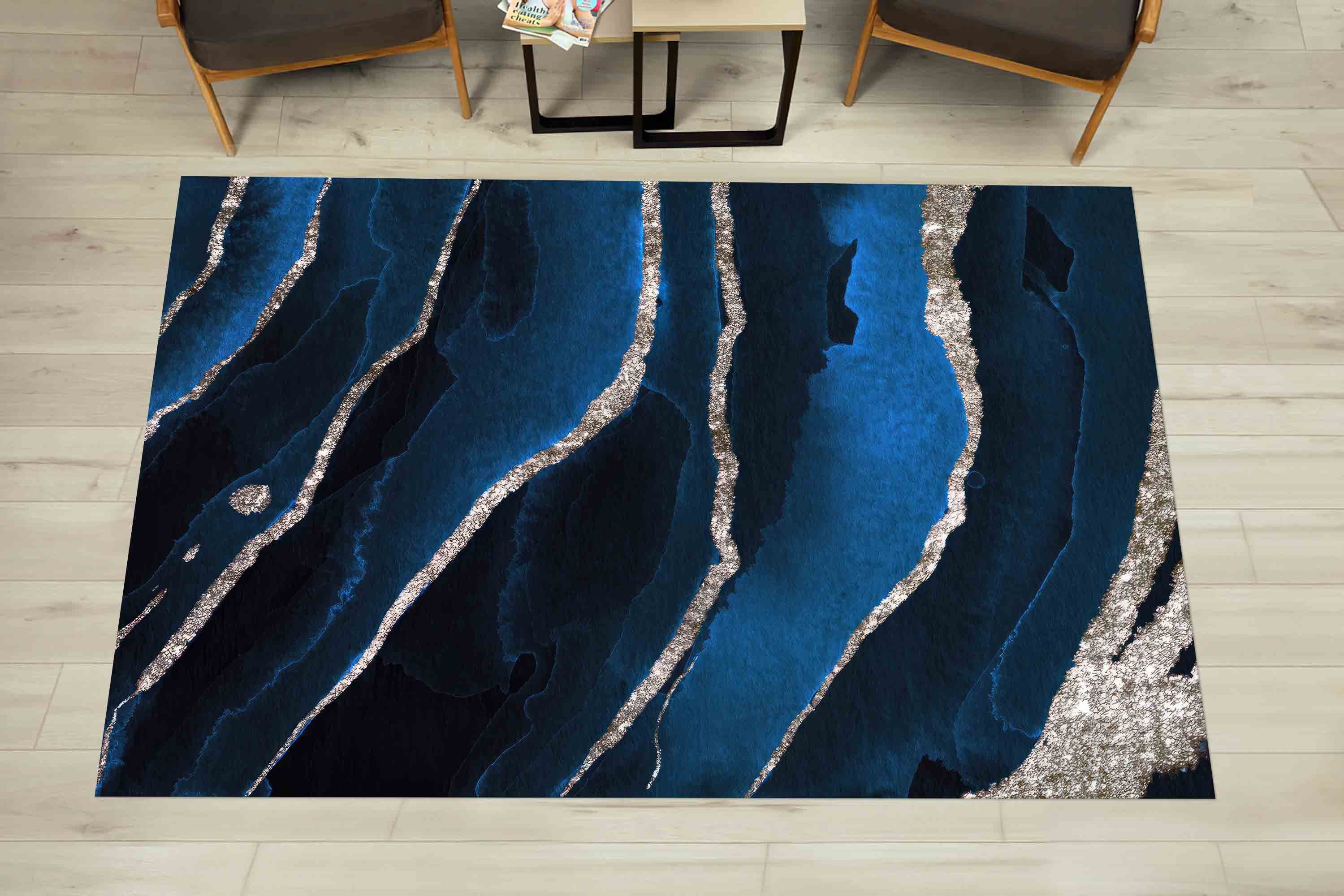 Navy Blue Marble Rugs, Abstract Rug, Silver Rugs, Modern Rug, Hallway ...