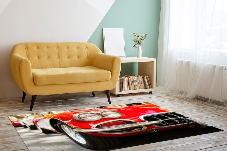 Vintage Car Rugs, Retro Car Rug, Red Car Rugs, Garage Rugs, Decorative ...