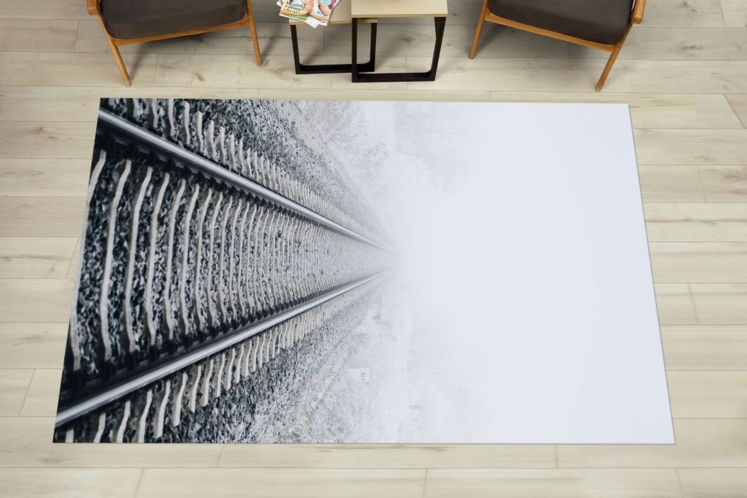 Train Track Rug, Winter Landscape Rug, Railway Winter Rugs, Fog Weather ...
