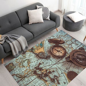 Antique World Map Rugs, Brass Pocket Compass Rugs, Vintage World Map ...