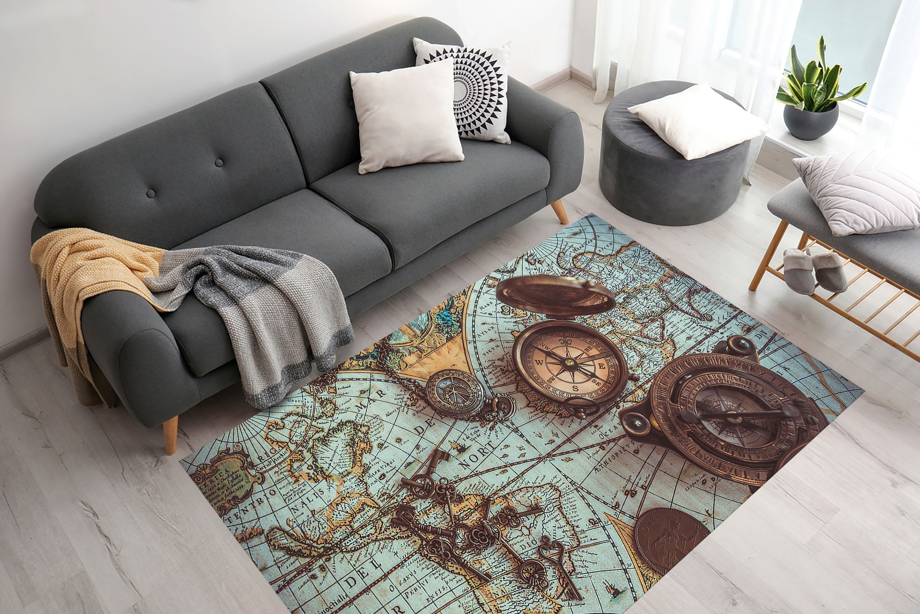 Antique World Map Rugs, Brass Pocket Compass Rugs, Vintage World Map ...