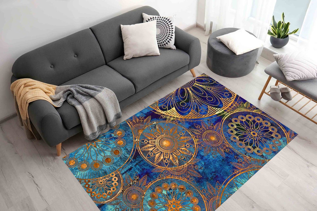 Blue Golden Mandala Rug, Blue Rug, Modern Pattern Rugs, Living Room Rug ...