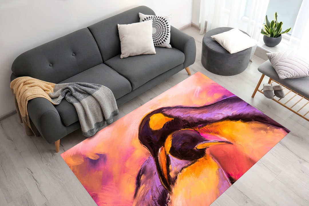 Penguins Pastel Painting Rug, Abstract Penguin Rug, Cartoon Penguins ...