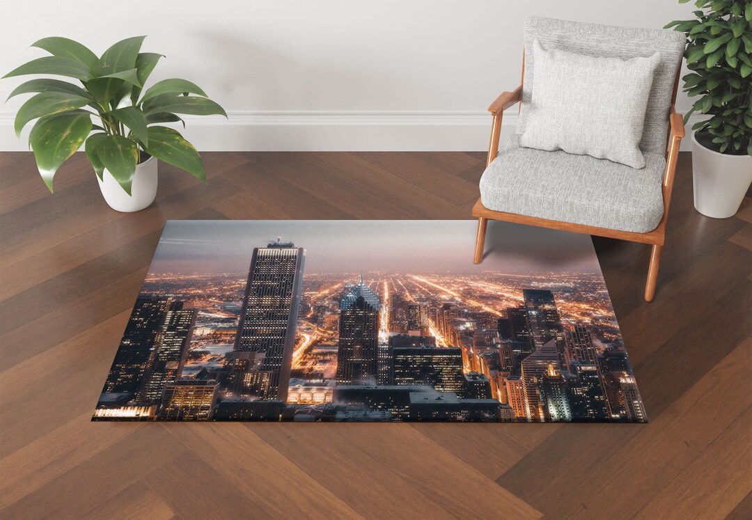 Night View of the Chicago Rug, City Landscape Rugs, Skyline Landscape ...