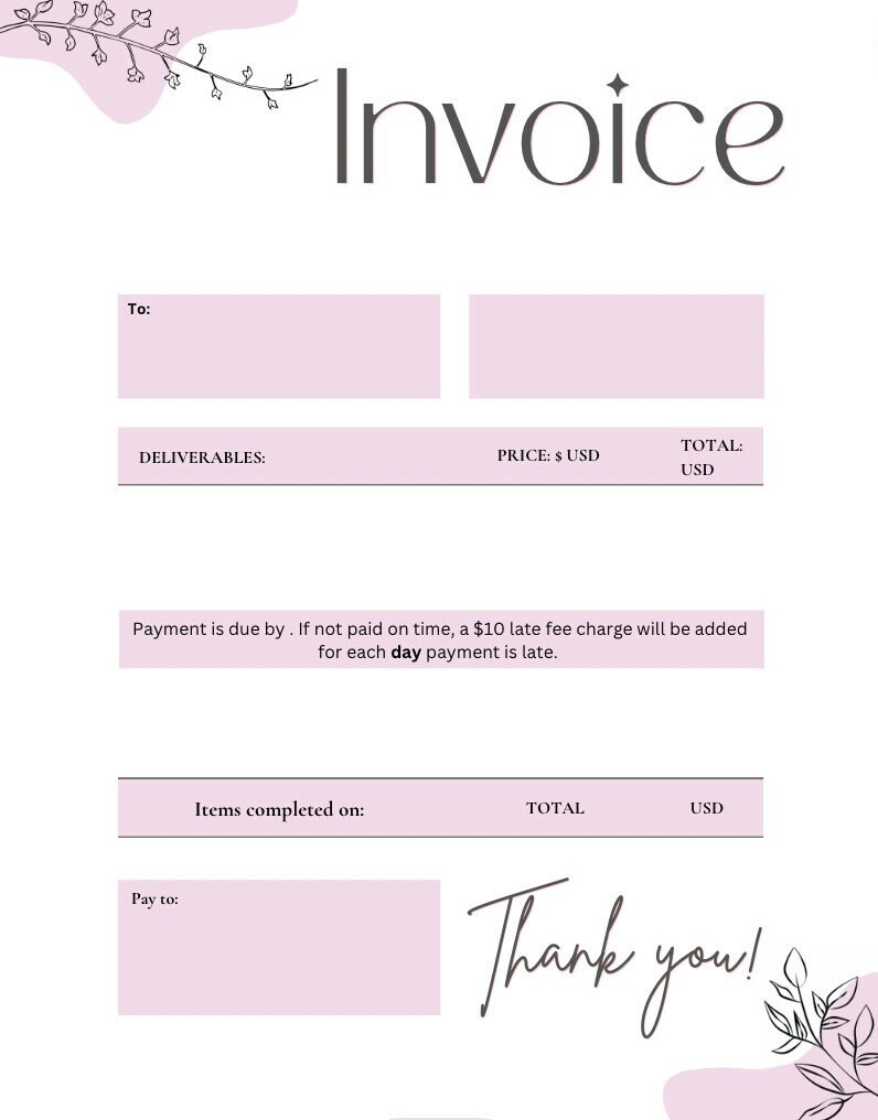 Customizable Pink Invoice for Small Businesses and Freelancers - Etsy