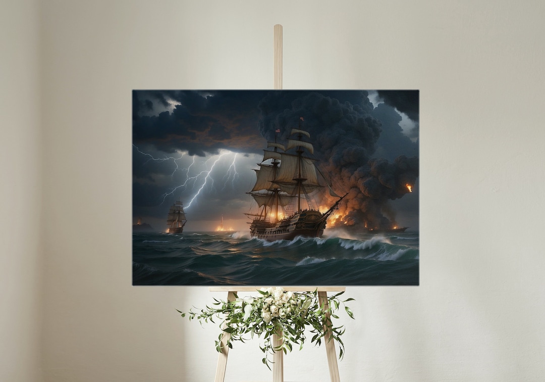 Pirate Ship Battle Storm Canvas Print Epic Sea Fight Wall Art, Dramatic ...