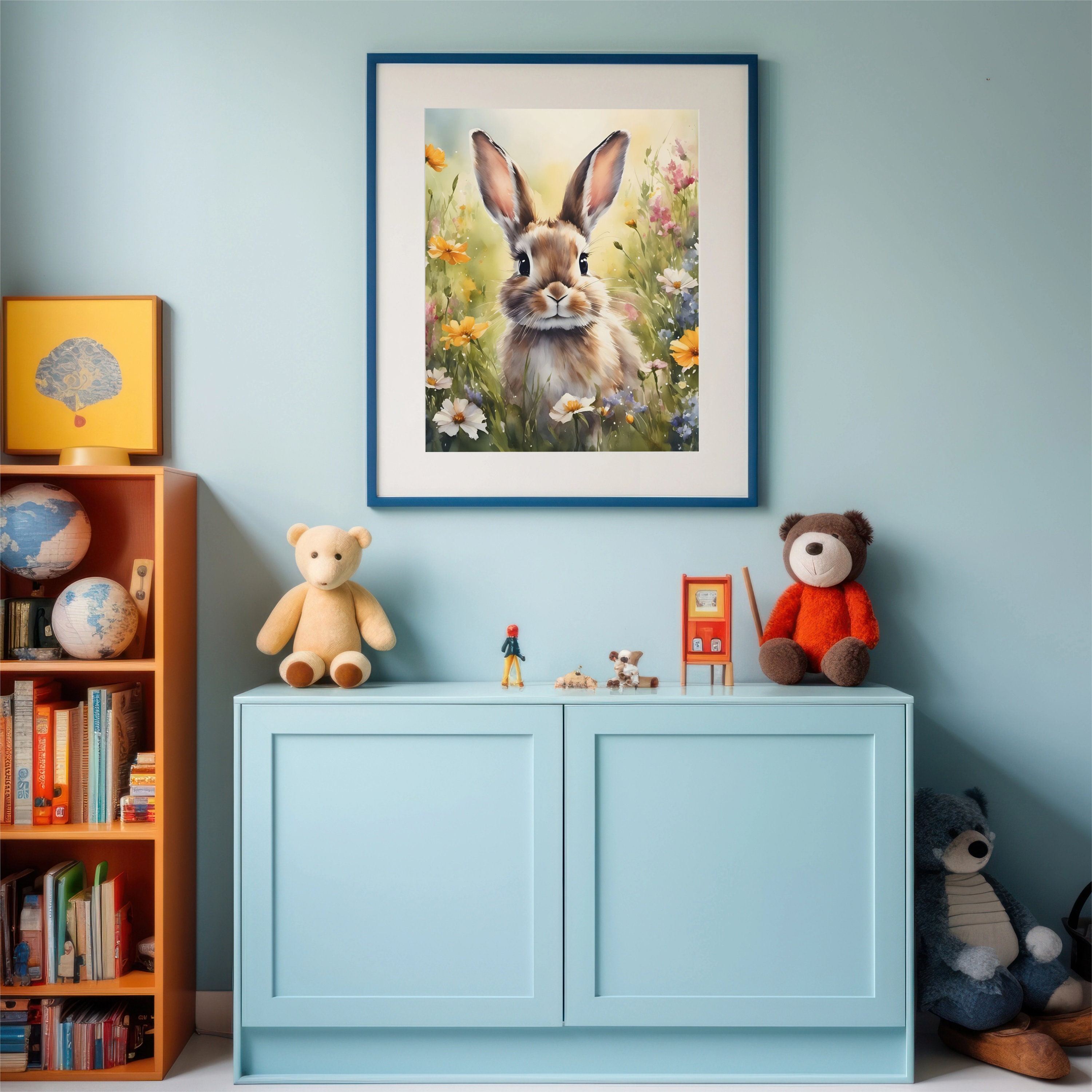 PRINTABLE Spring Meadow Bunny Digital Art Print, Whimsical Rabbit Wall ...