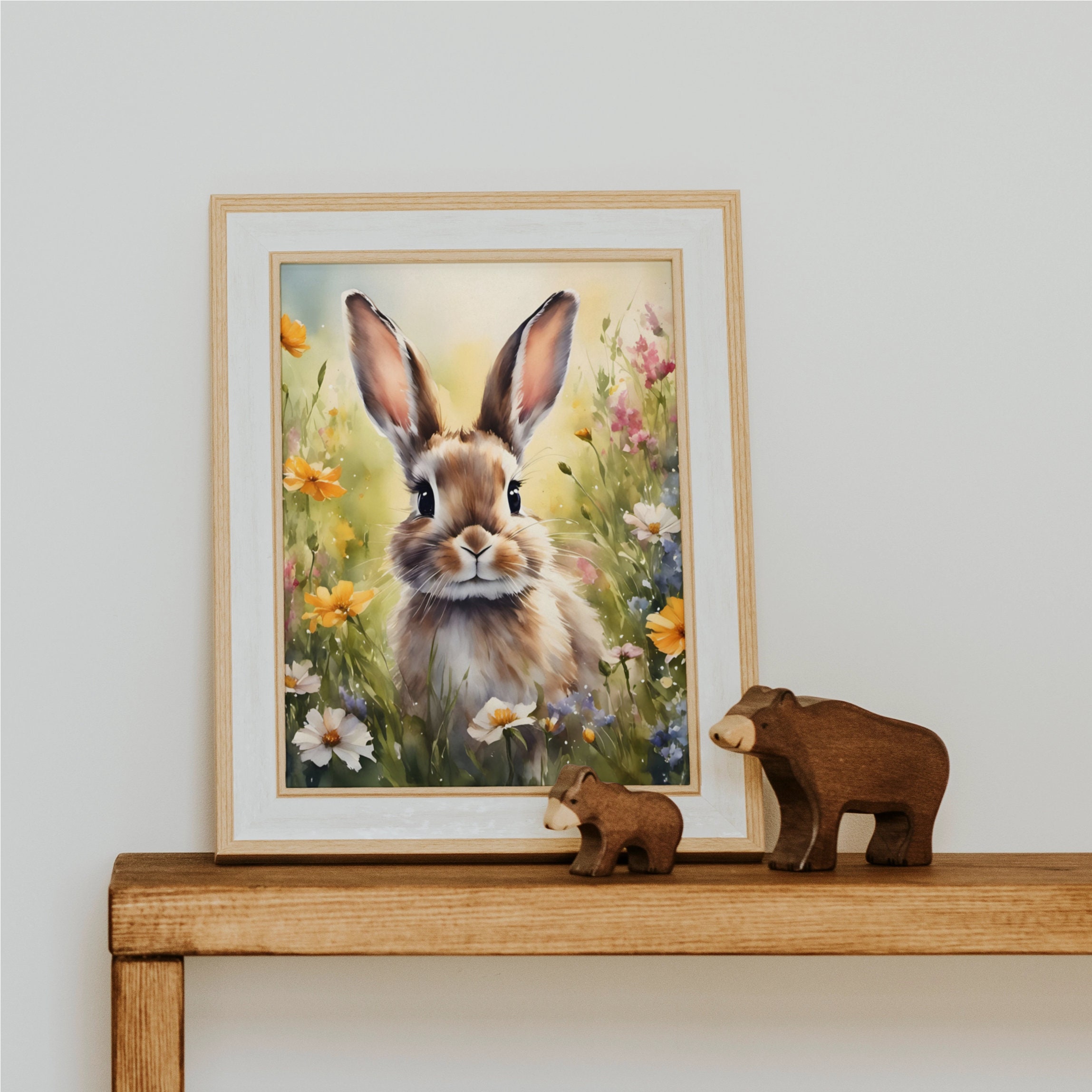 PRINTABLE Spring Meadow Bunny Digital Art Print, Whimsical Rabbit Wall ...