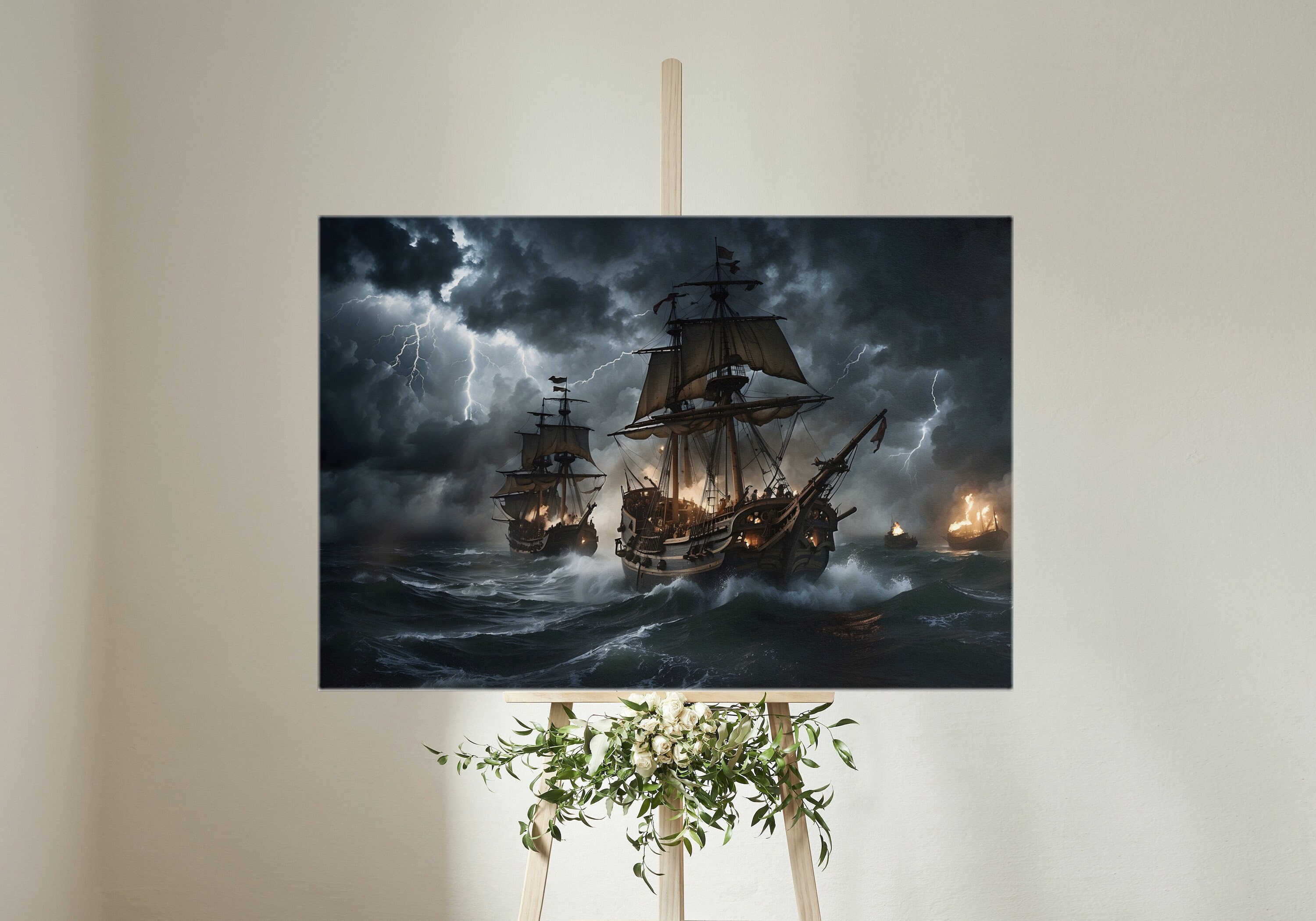 Epic Pirate Ship Storm Canvas Art, Dramatic Ocean Adventure Scene ...