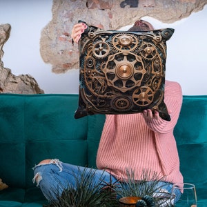 Steampunk Style Throw Pillow Golden Gears on Blue, Spun Square ...