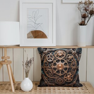 Steampunk Style Throw Pillow Golden Gears on Blue, Spun Square ...