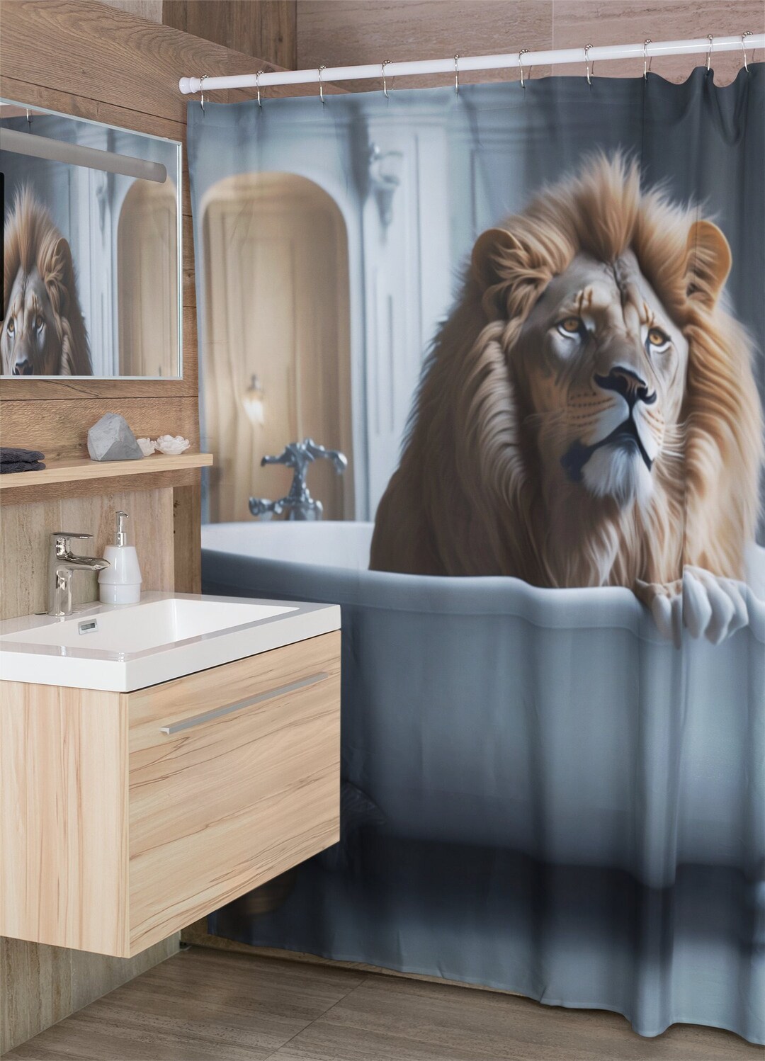 Lion Bathtub Shower Curtain Wild Safari Luxury Bath Life Sized Lion ...