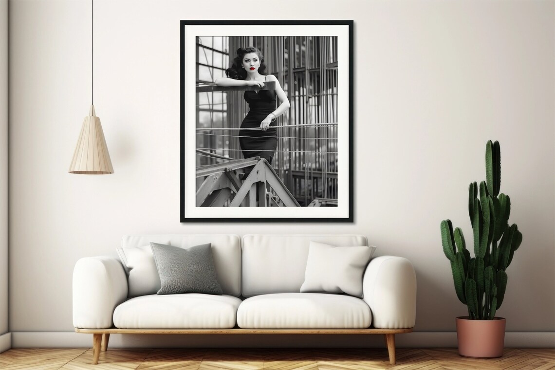 1950s-inspired Monochrome Model Poster With Bold Red Lips Retro Pin-up ...