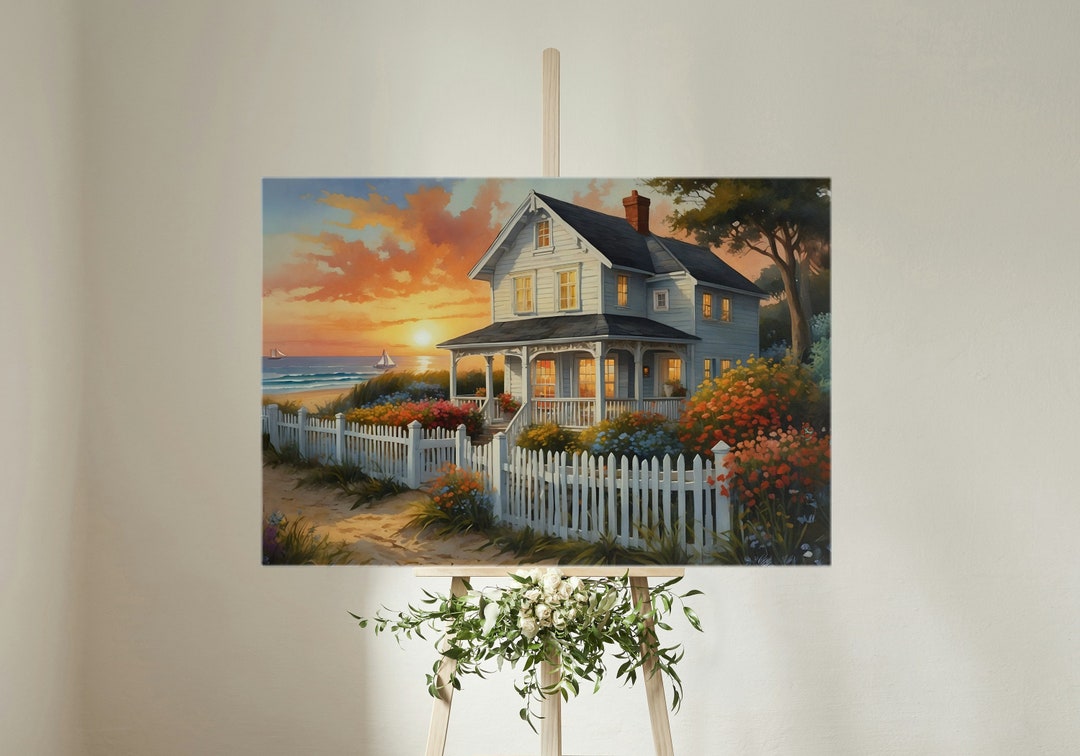 Beach House Sunset Canvas Print Coastal Home Decor Large Wall Art 18x12 ...