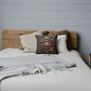 Steampunk Style Throw Pillow Golden Gears on Blue, Spun Square ...