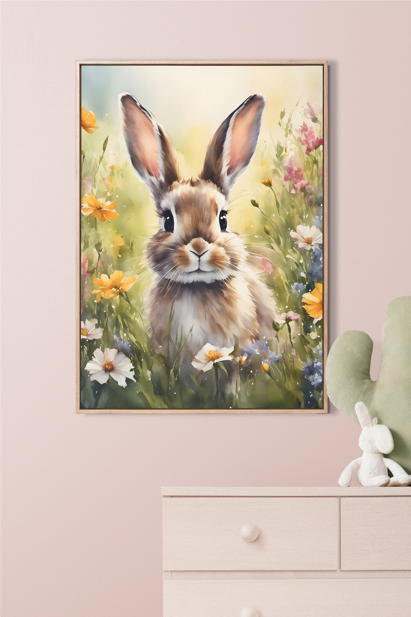 PRINTABLE Spring Meadow Bunny Digital Art Print, Whimsical Rabbit Wall ...