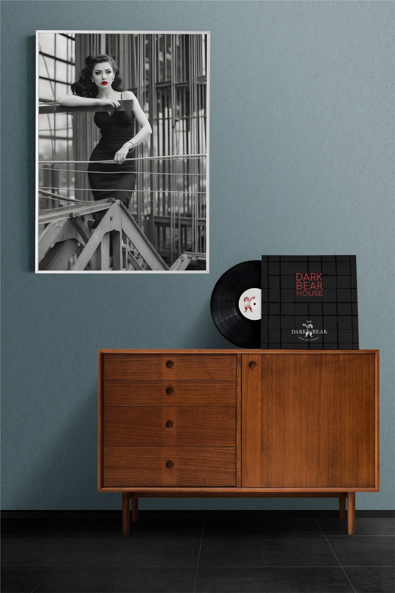 1950s-inspired Monochrome Model Poster With Bold Red Lips Retro Pin-up ...